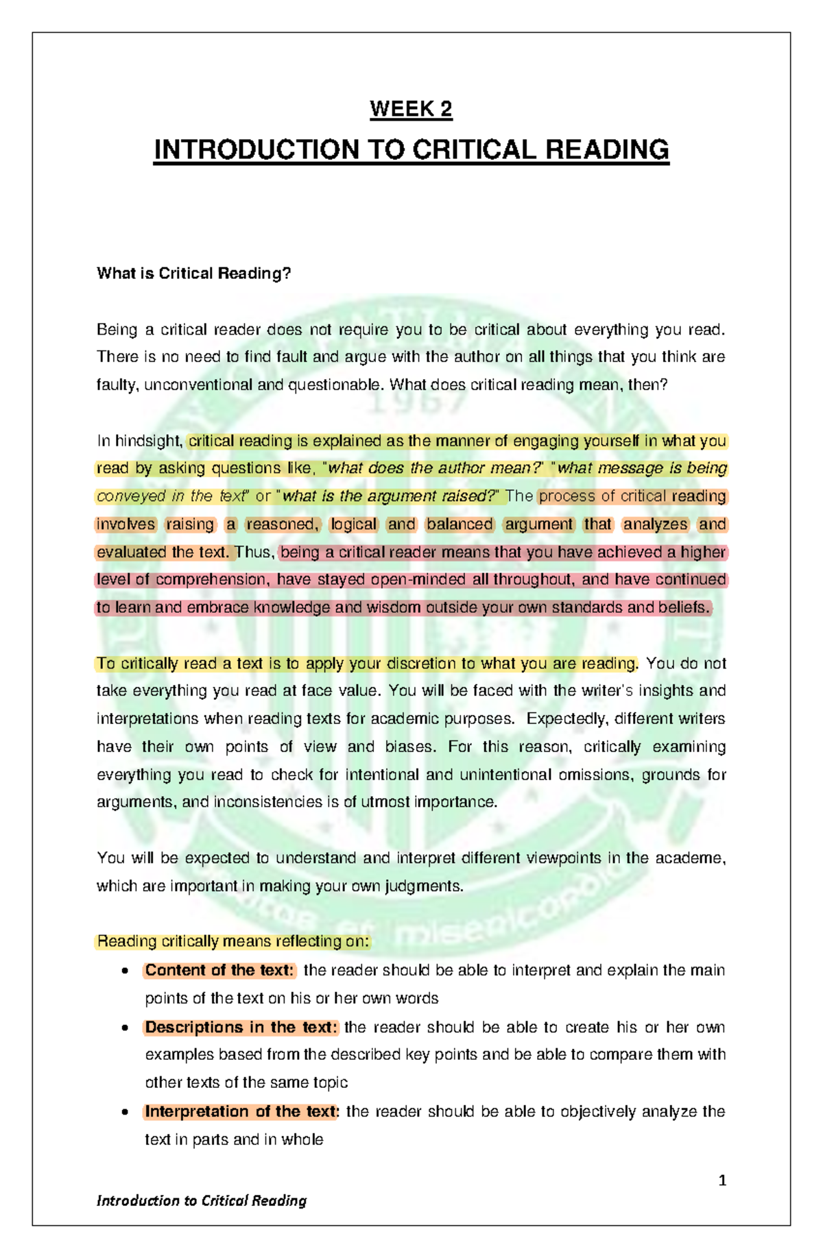 Week 2 - Introduction TO Critical Reading - 1 WEEK 2 INTRODUCTION TO ...