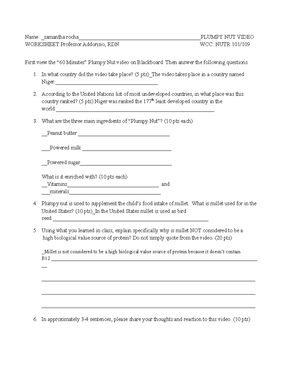 Plumpy nut review sheet 101-109 - Name: _samantha - Studocu