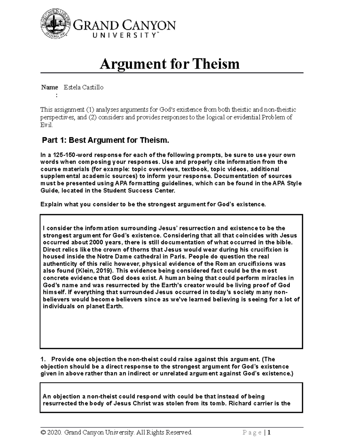 Phi 103 Rs T3argumentfor Theism Problemof Evil Argument For Theism Name Estela Castillo This 