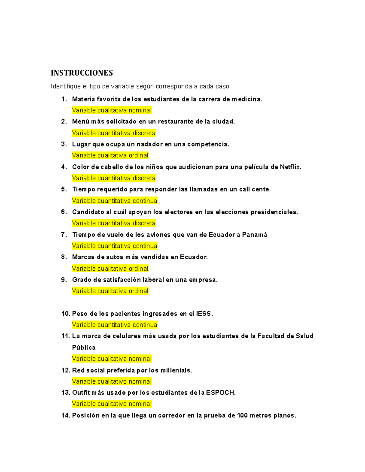 Tipos DE Variables - INSTRUCCIONES Identifique el tipo de variable ...