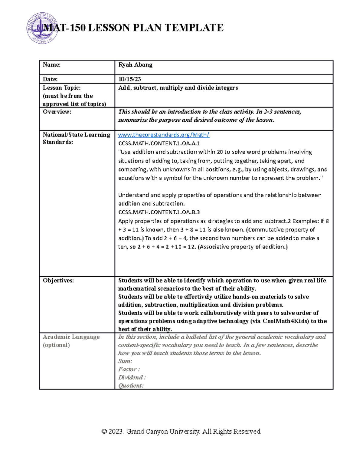 MAT-150 Lesson Plan Template - MAT-150 LESSON PLAN TEMPLATE Name: Ryah ...