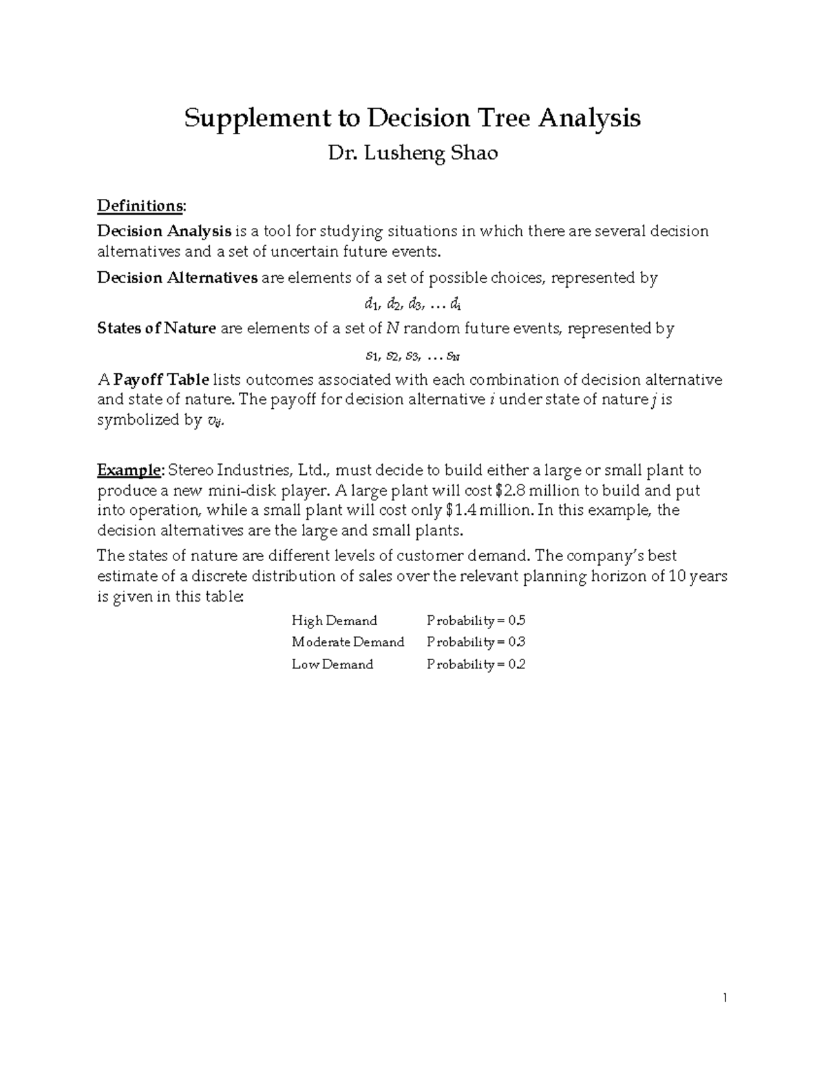 Supplement to decision analysis - Supplement to Decision Tree Analysis ...