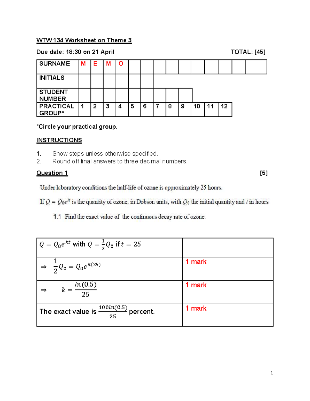 WS 5 Memo - WTW 134 Worksheet on Theme 3 Due date: 18:30 on 21 April ...