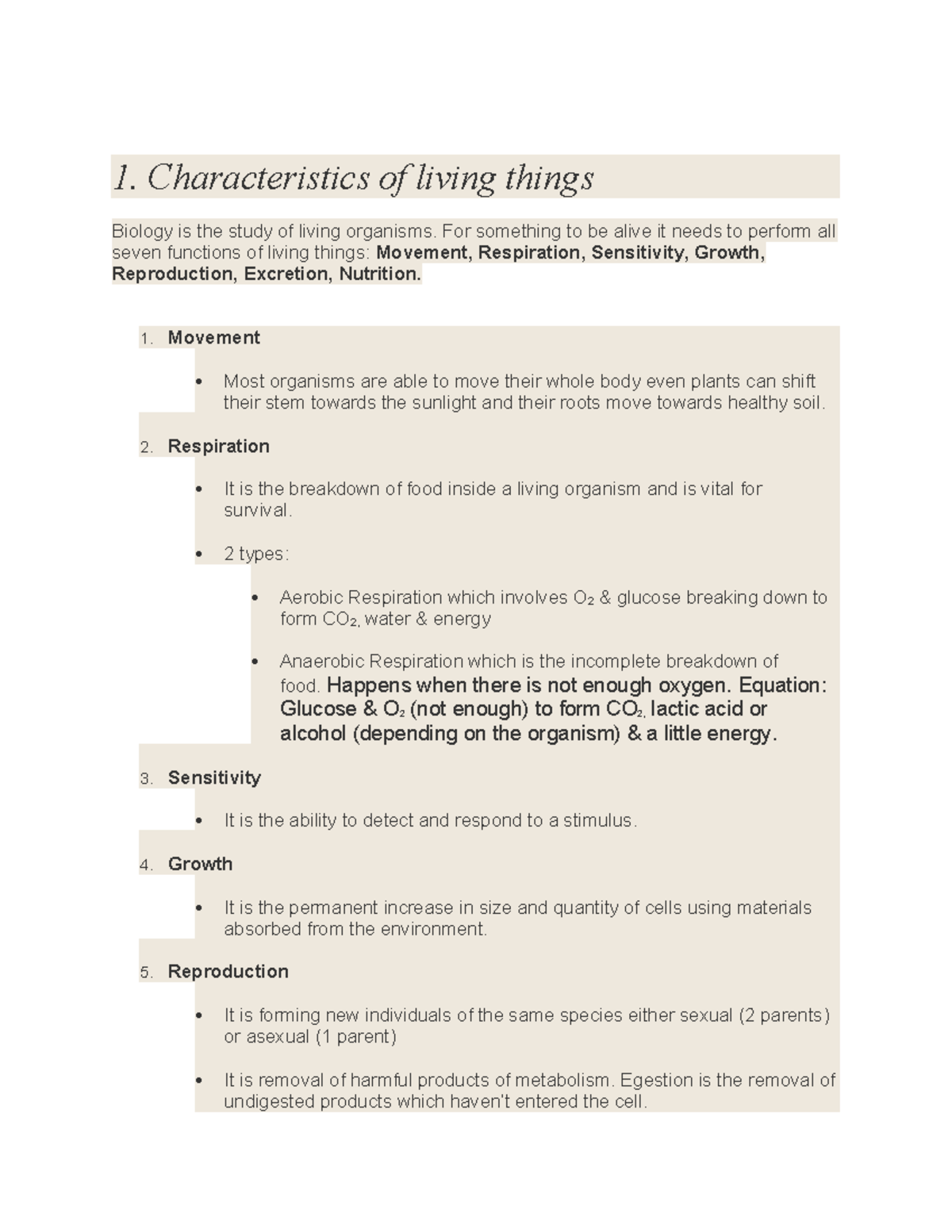 Biology notes - very good - 1. Characteristics of living things Biology ...
