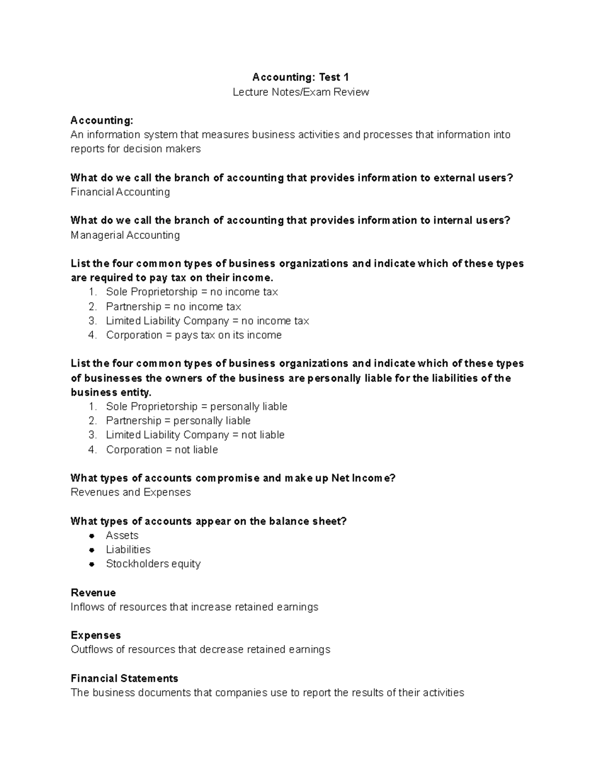 Accounting Test 1 - Exam 1 Review and Notes - Accounting: Test 1 ...