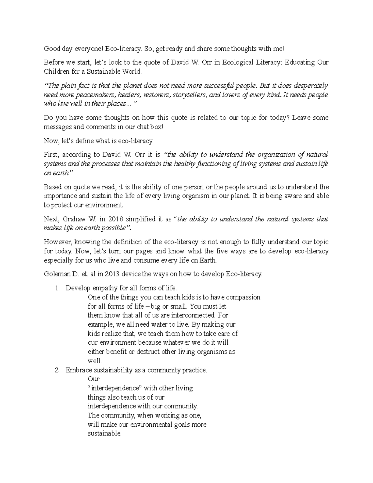 Script for Video Recording Eco Literacy - Good day everyone! Eco ...