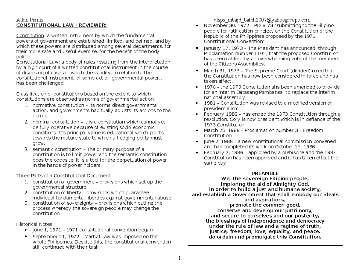 Consti LAW 1 Reviewer - CONSTITUTIONAL LAW I REVIEWER: Constitution: a written instrument by ...
