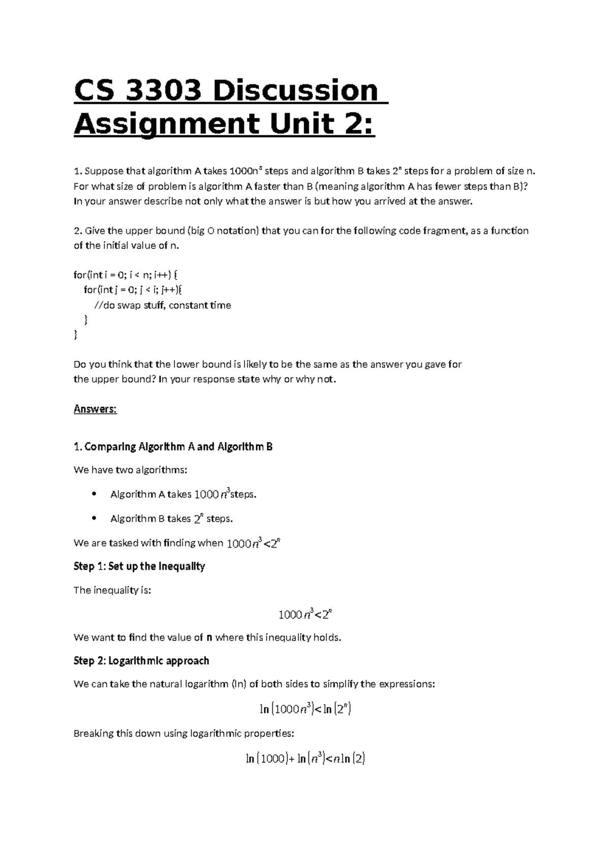 Cs 3303 Discussion Assignment Unit 2 Suppose That Algorithm A Takes