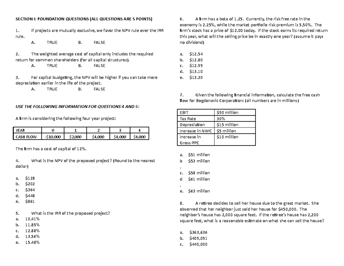 T2V1 Spring 2022 - Practice materials/questions for test 2 - SECTION I ...