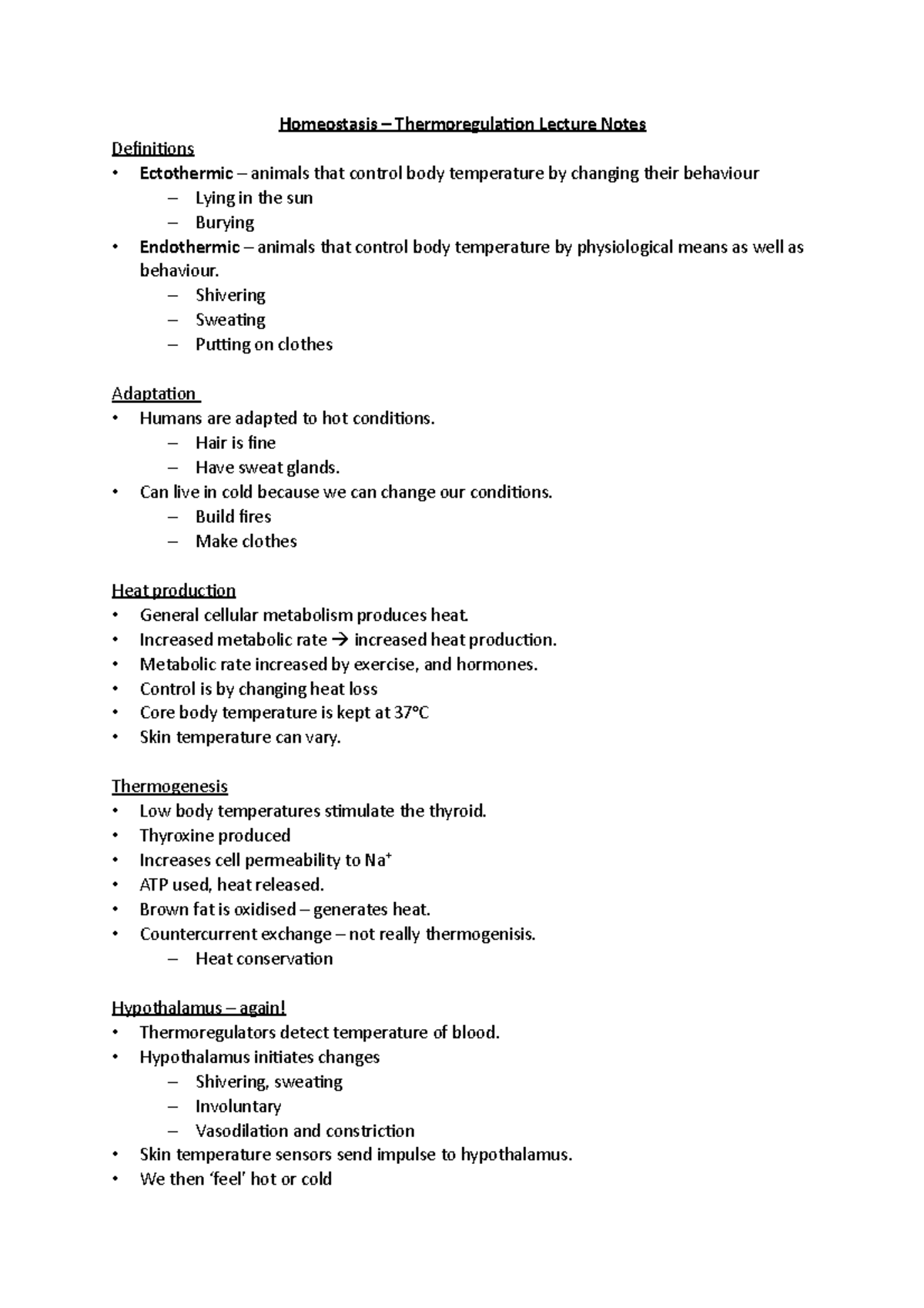 Homeostasis – Thermoregulation Lecture Notes - Shivering Sweating ...