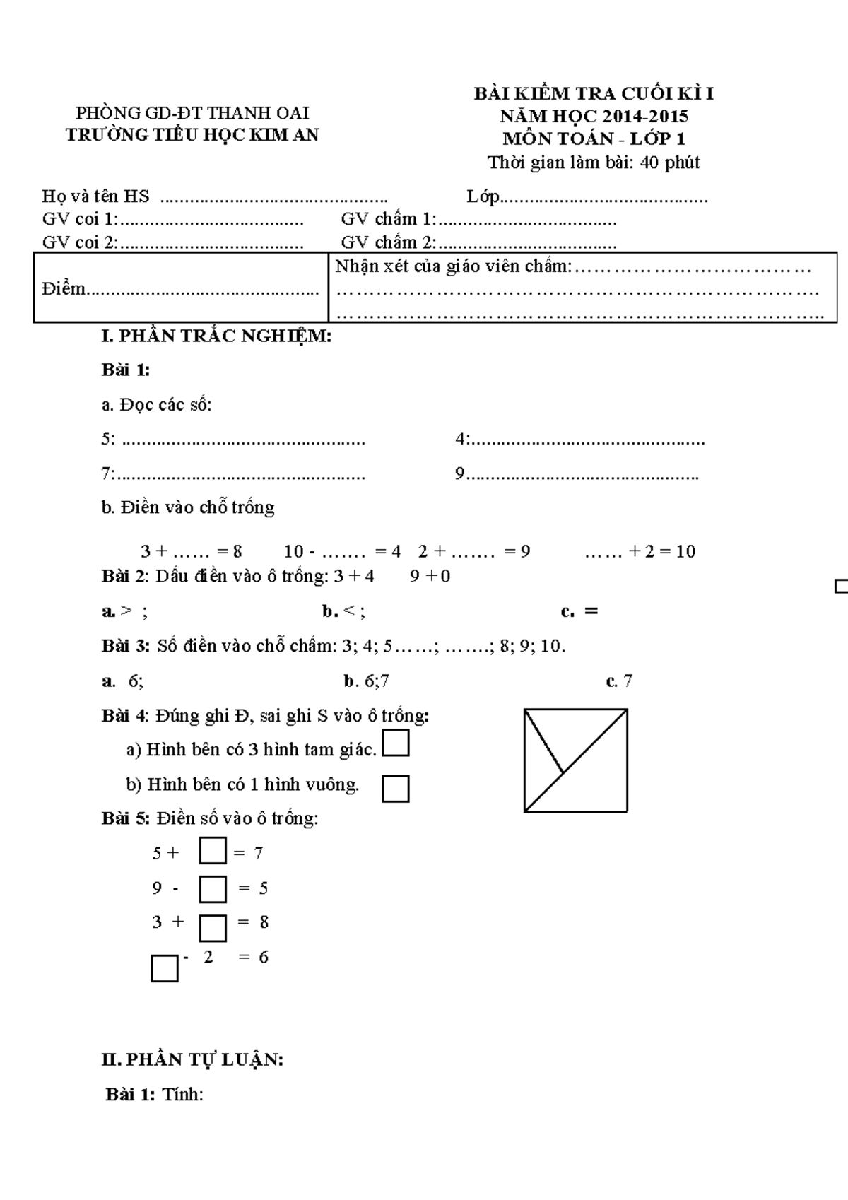 De kiem tra cuoi ki 1 lop 1 mon toan nam 2014 2015 truong tieu hoc kim an - PHÒNG GD-ĐT THANH ...