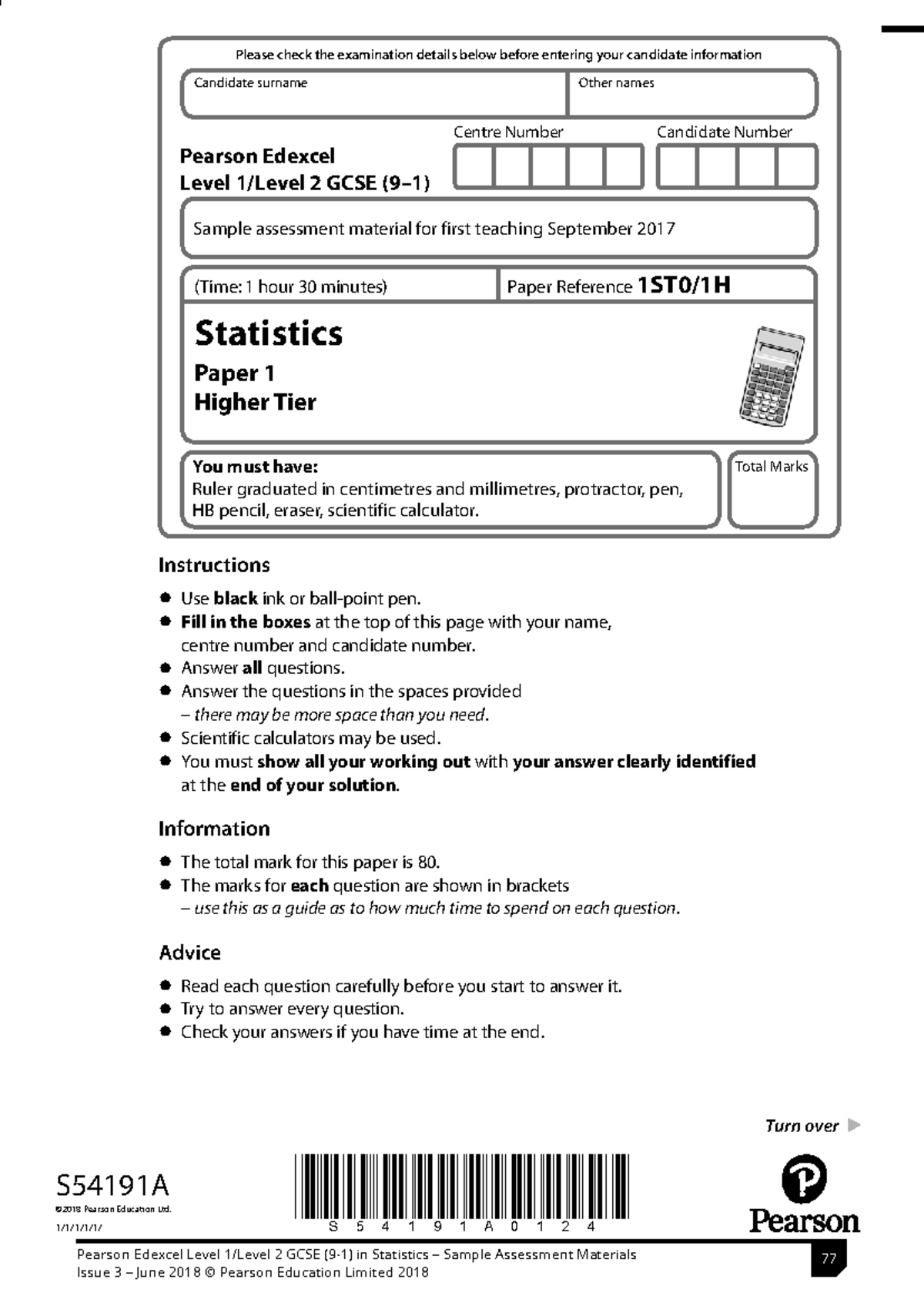 Edexcel gcse stats h specimen p1 qp - S54191A0124 S54191A ©2018 Pearson ...