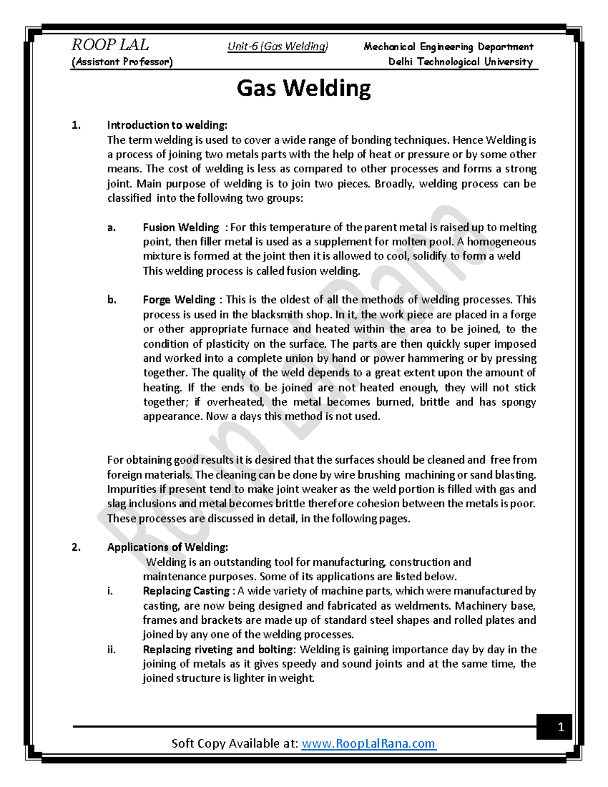 Unit-6-Gas-Welding - (Assistant Professor) Delhi Technological ...