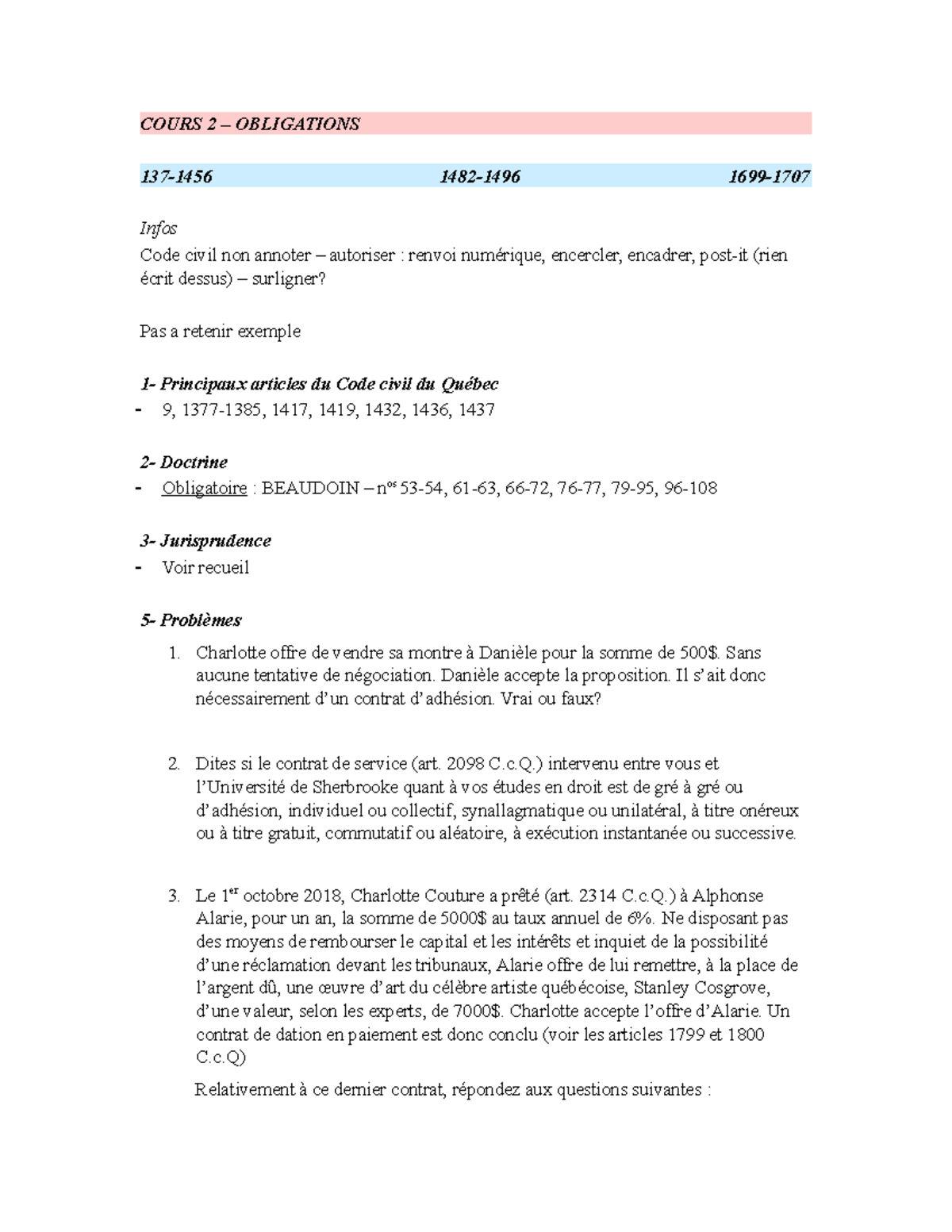 Cours 2 - 30 août - Pascal Fréchette - COURS 2 – OBLIGATIONS 137-1456 1482-1496 1699- Infos Code ...