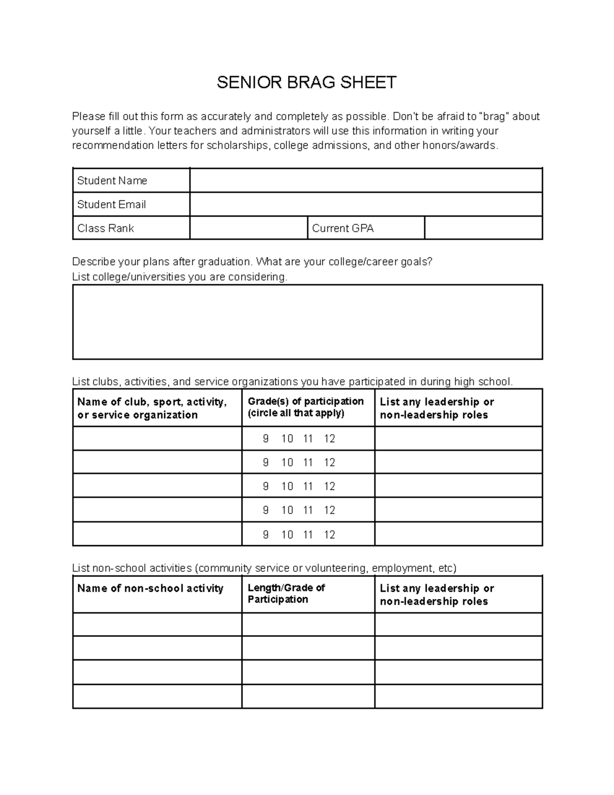 Senior BRAG Sheet - Hey - SENIOR BRAG SHEET Please fill out this form ...