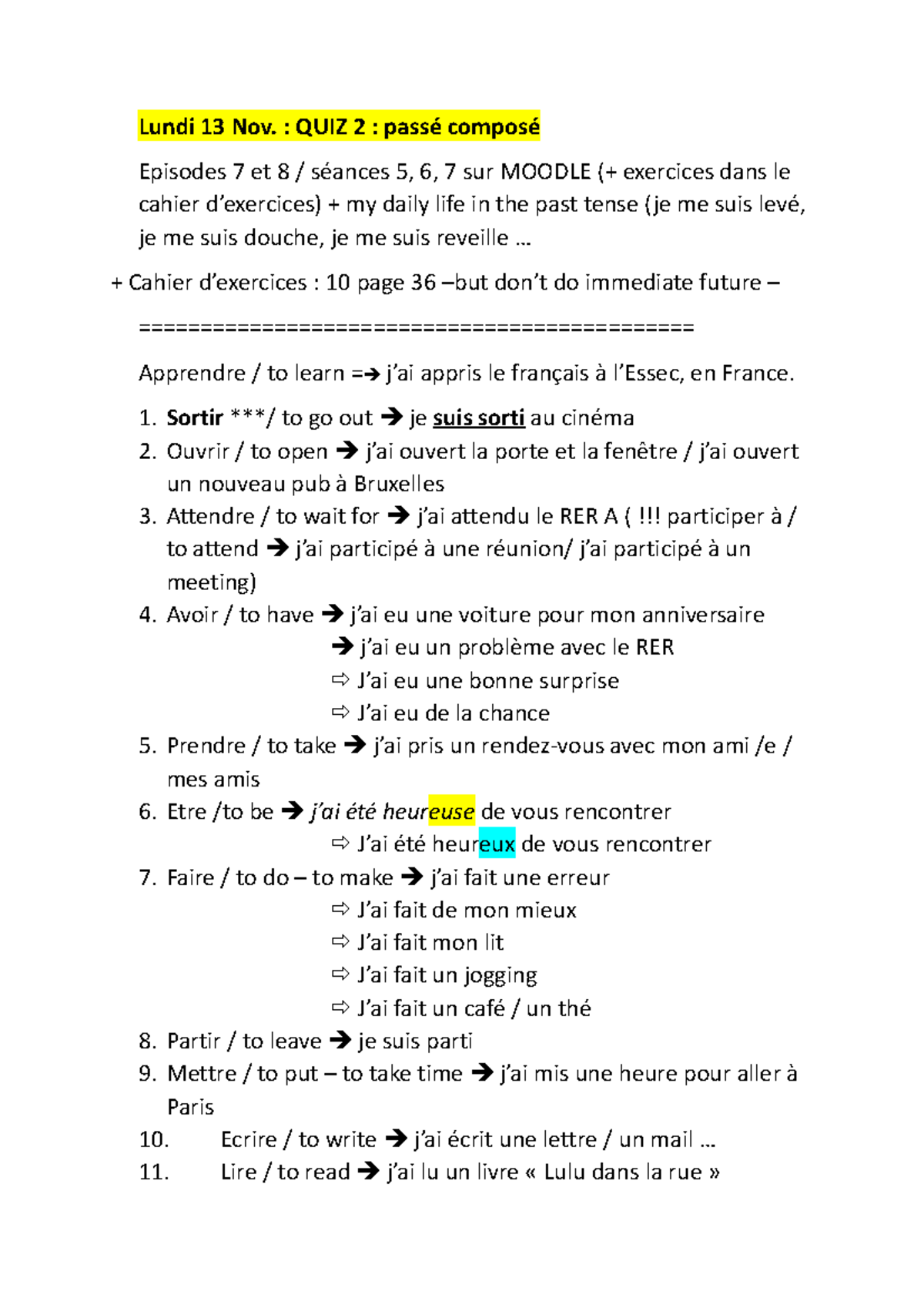 7. Session 7. Lundi 13 Nov - Lundi 13 Nov. : QUIZ 2 : passé composé ...