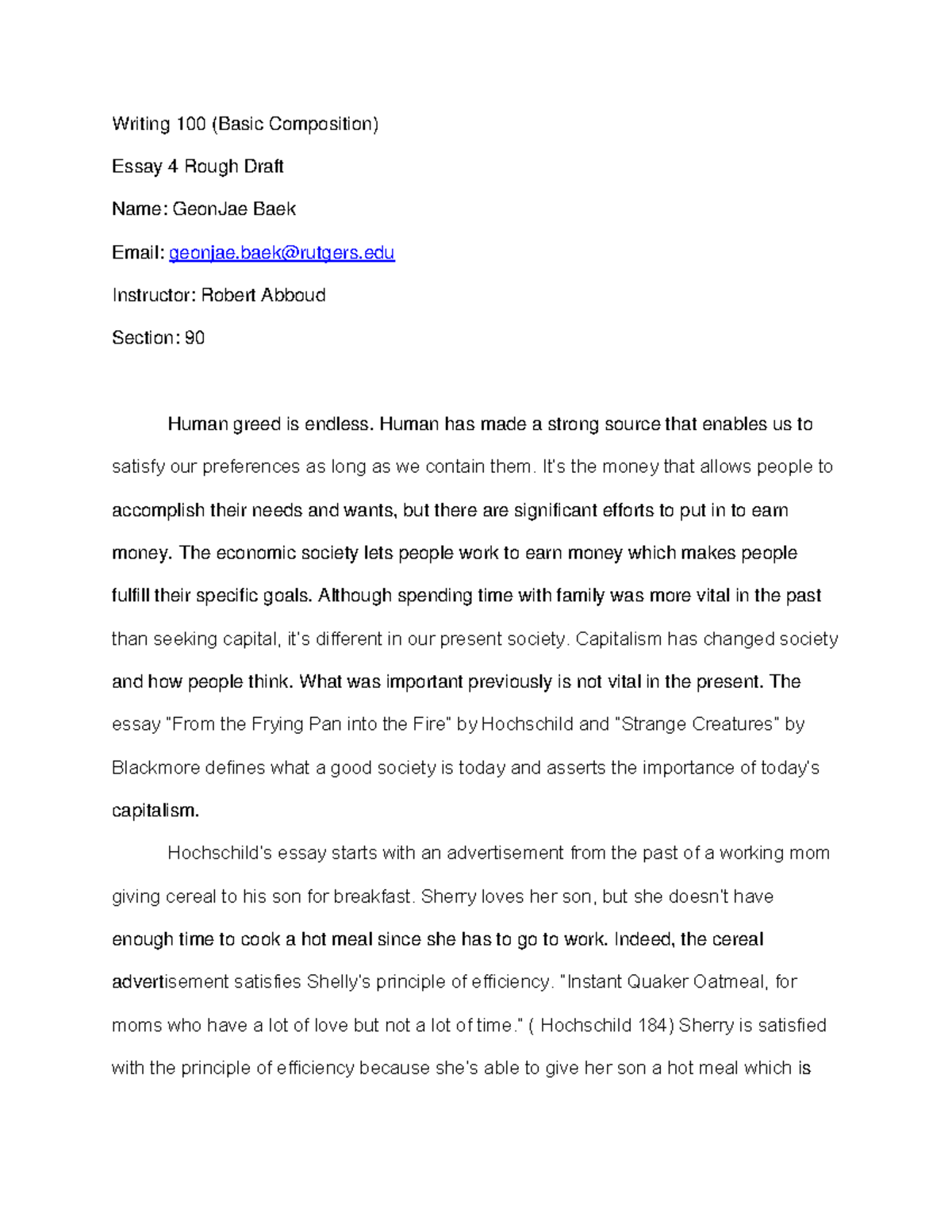 Essay 4 Hochschild rough draft - Writing 100 (Basic Composition) Essay ...