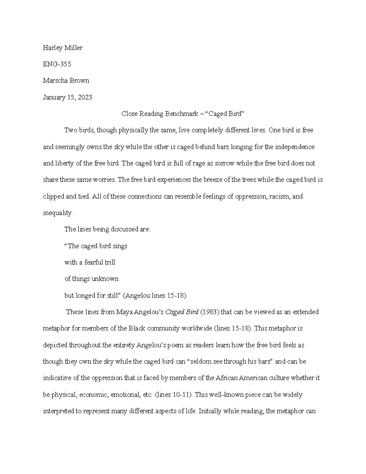ENG-355 Benchmark - Final assignment of ENG-355: In three full pages, provide a close reading of ...