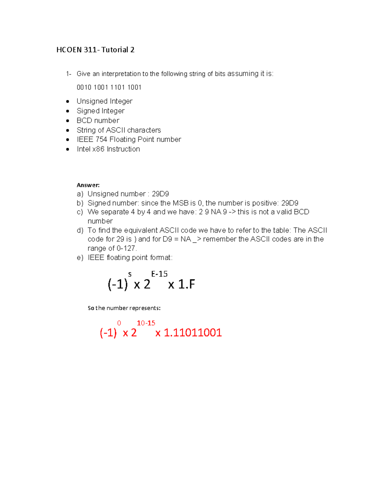Tutorial 2 - HCOEN 311- Tutorial 2 1- Give an interpretation to the following string of bits ...