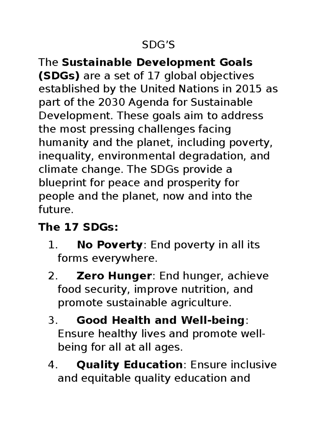 SDG - sdg - SDG’S The Sustainable Development Goals (SDGs) are a set of ...