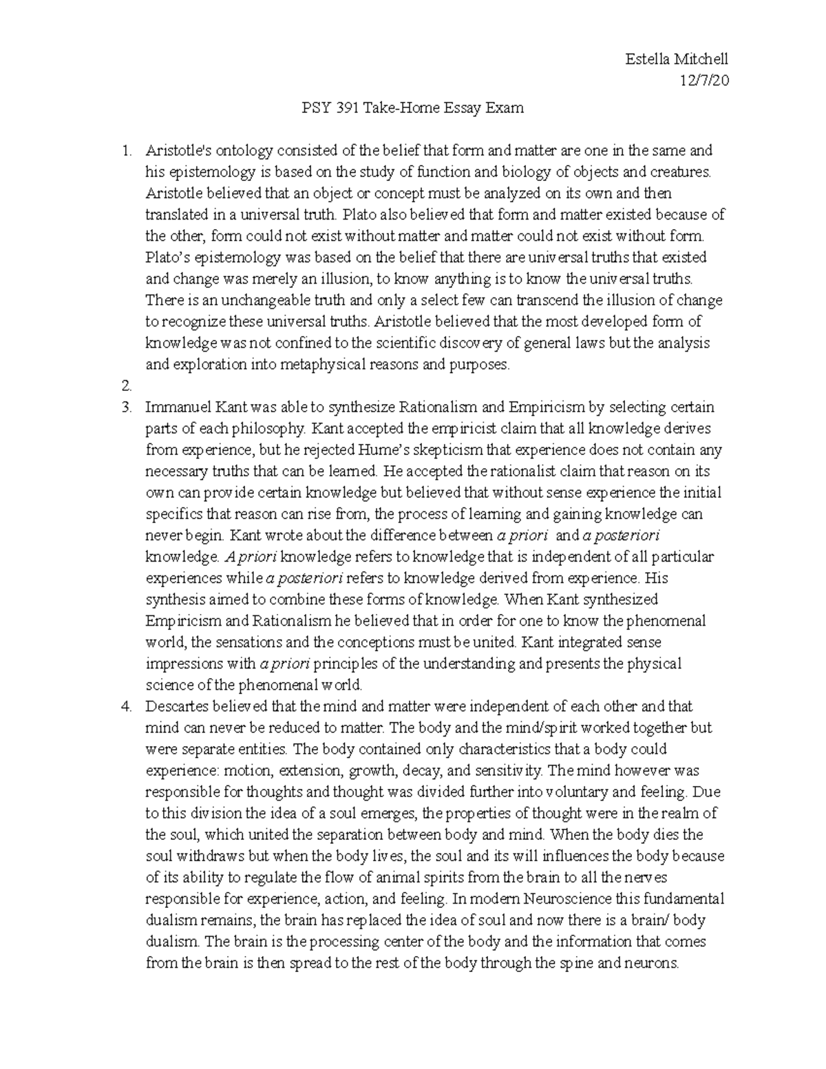 PSY 391 Essay Exam - Grade: A+ - Estella Mitchell 12/7/ PSY 391 Take ...