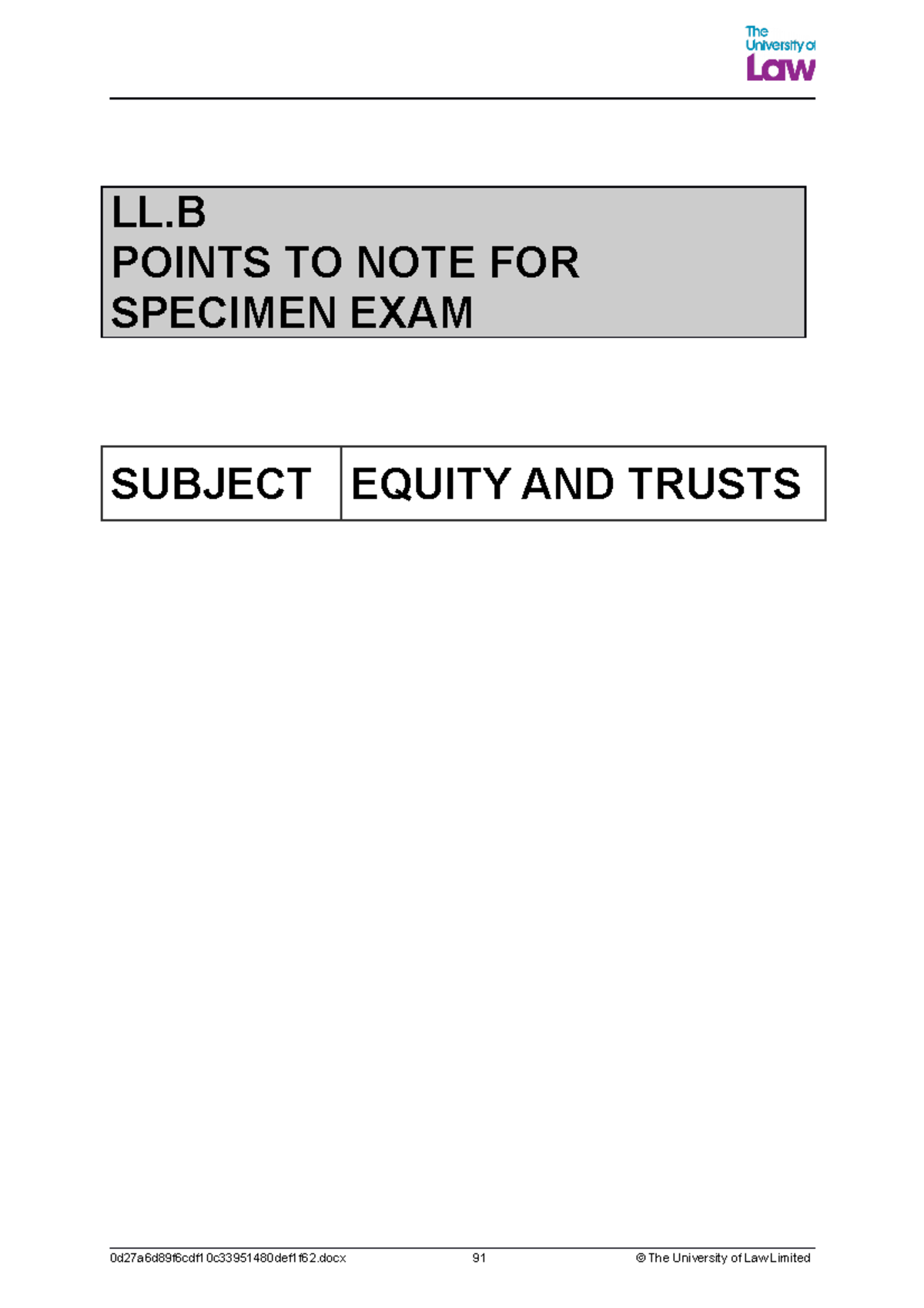 Specimen Exam Paper - LL POINTS TO NOTE FOR SPECIMEN EXAM SUBJECT ...