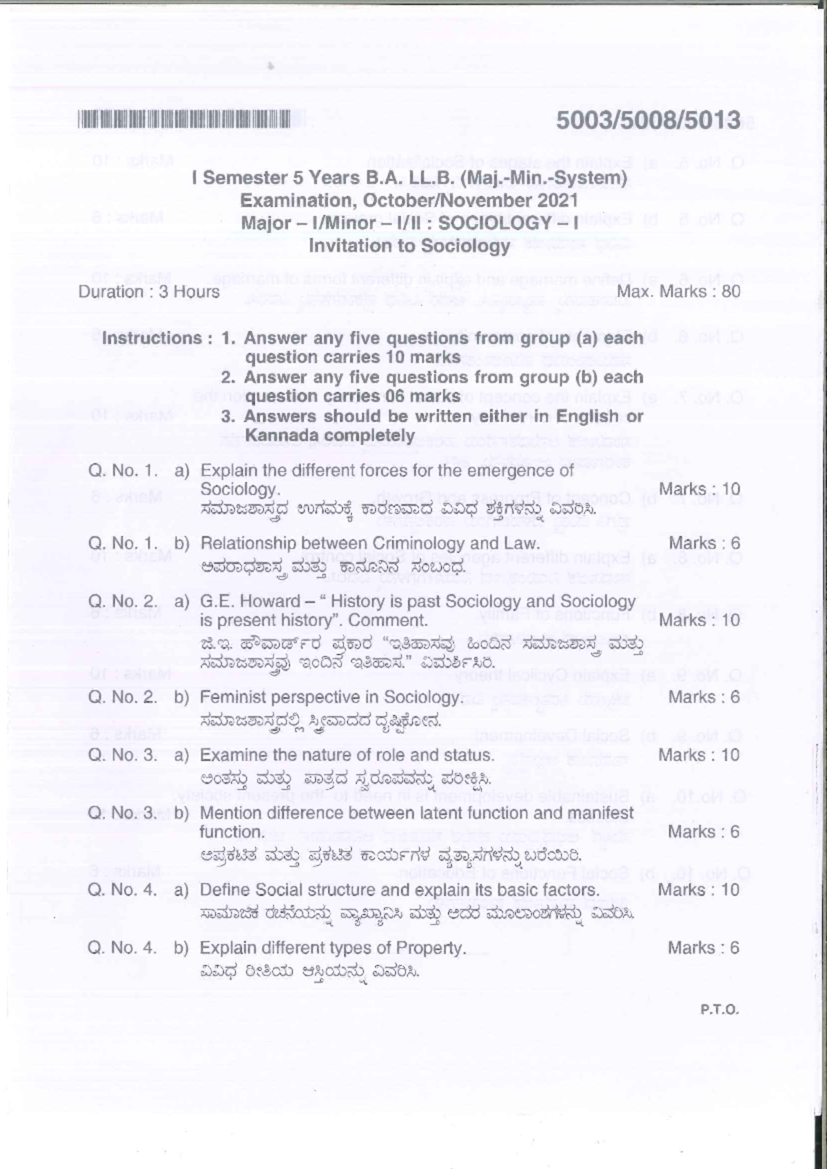 Sociology QUESTION PAPER - BA.LLB 5 years law - Studocu