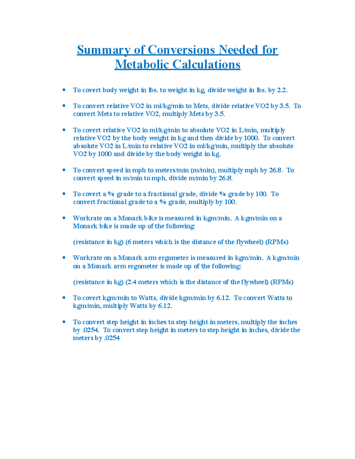 Metabolic Calculation Conversion Sheet - Summary of Conversions Needed ...