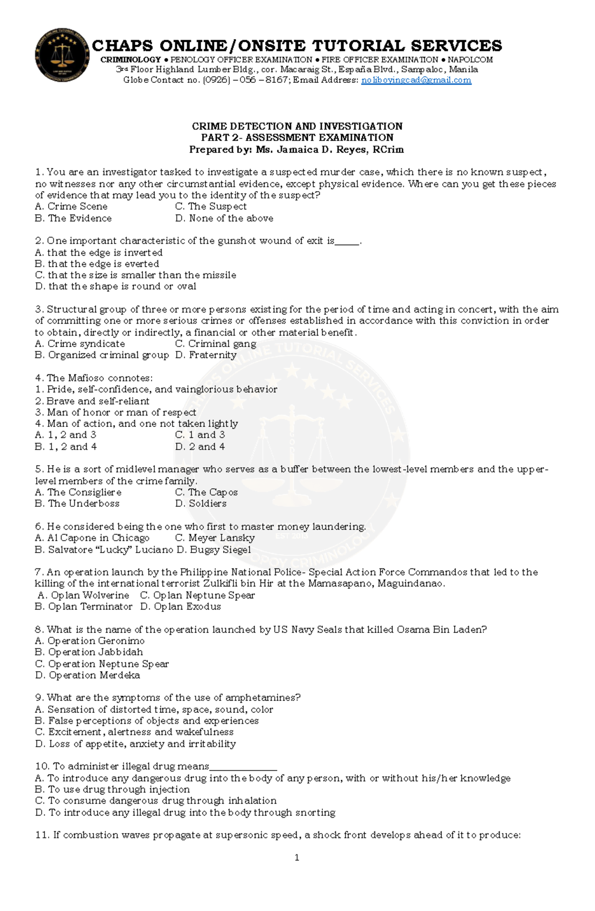 CDI ASSESSMENT EXAM - CRIMINOLOGY PENOLOGY OFFICER EXAMINATION FIRE ...