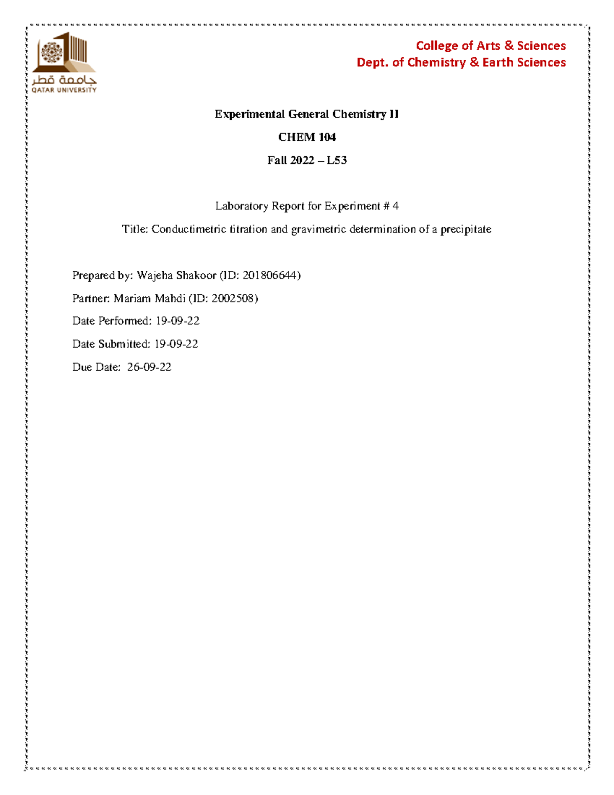 Report - Exp4 - CHEM 104 - Dept. of Chemistry & Earth Sciences ...