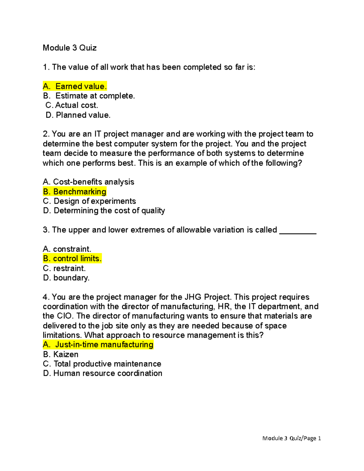 Project Management Basic 3 Quiz Questions prequiz - Module 3 Quiz The ...