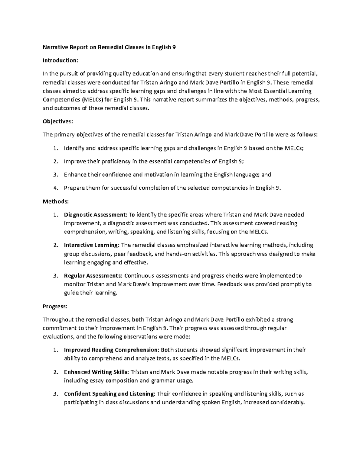 Narrative Report on Remedial Classes in English 9- William S. Teleg ...