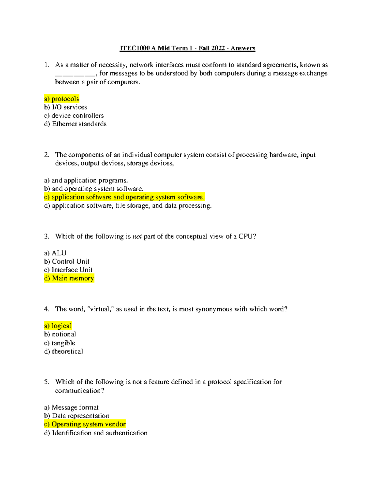 ITEC1000 A - Midterm 1 - Answers v1 - ITEC1000 A Mid Term 1 - Fall 2022 - Answers As a matter of ...