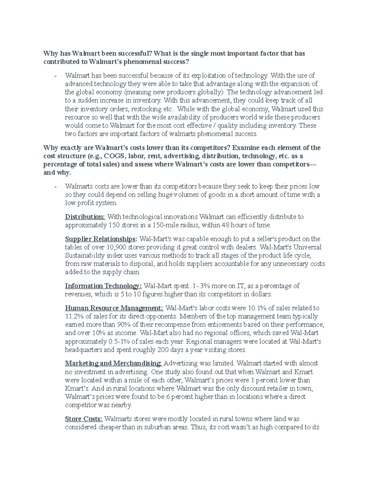 Factors contributing to Walmart's success and lower costs compared to ...