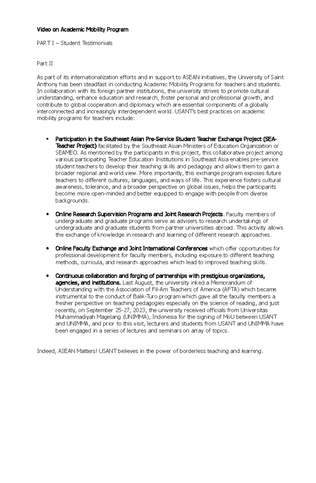 ASEAN Inputs: Initiatives - Video on Academic Mobility Program PART I ...