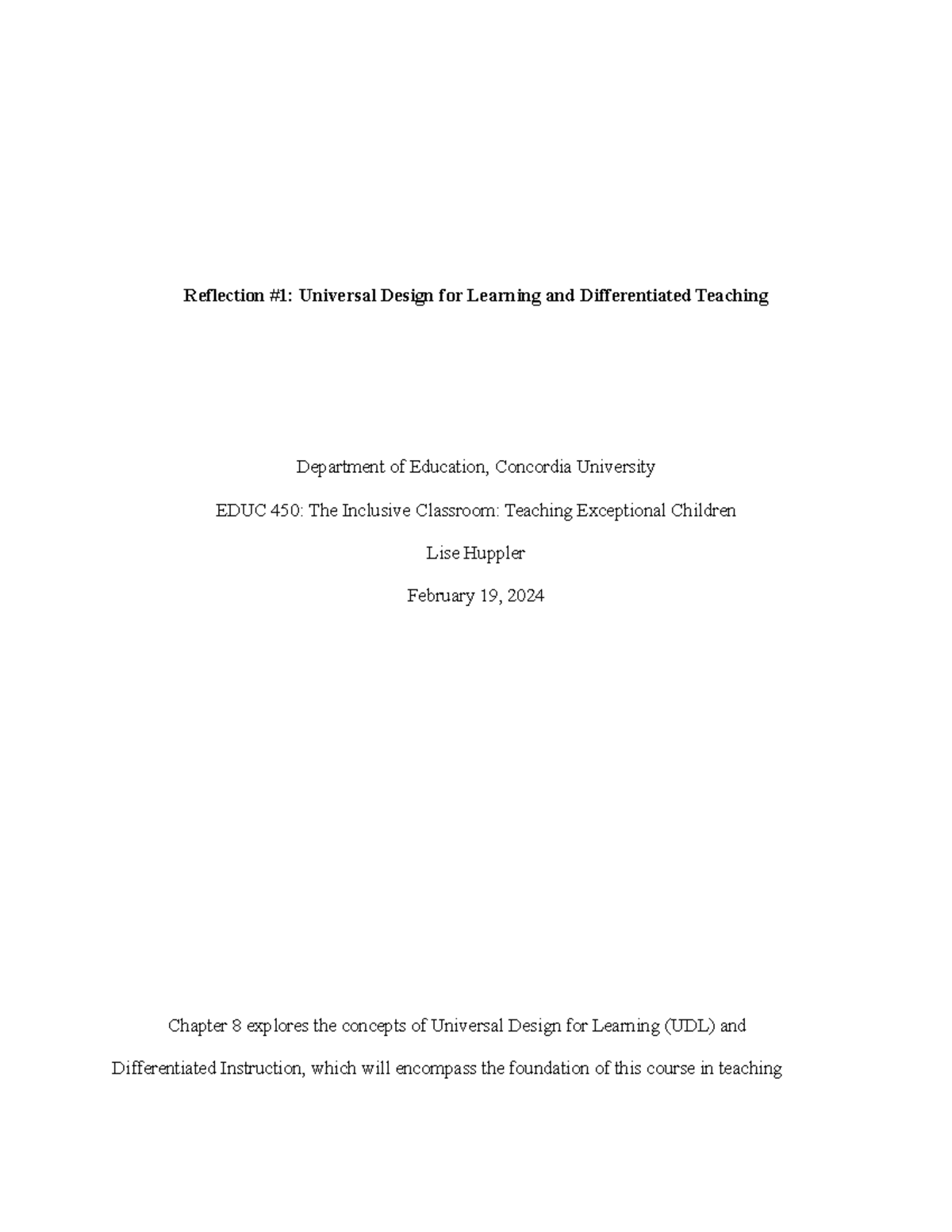 450 Reflection#1 - Reflection #1: Universal Design for Learning and Differentiated Teaching ...