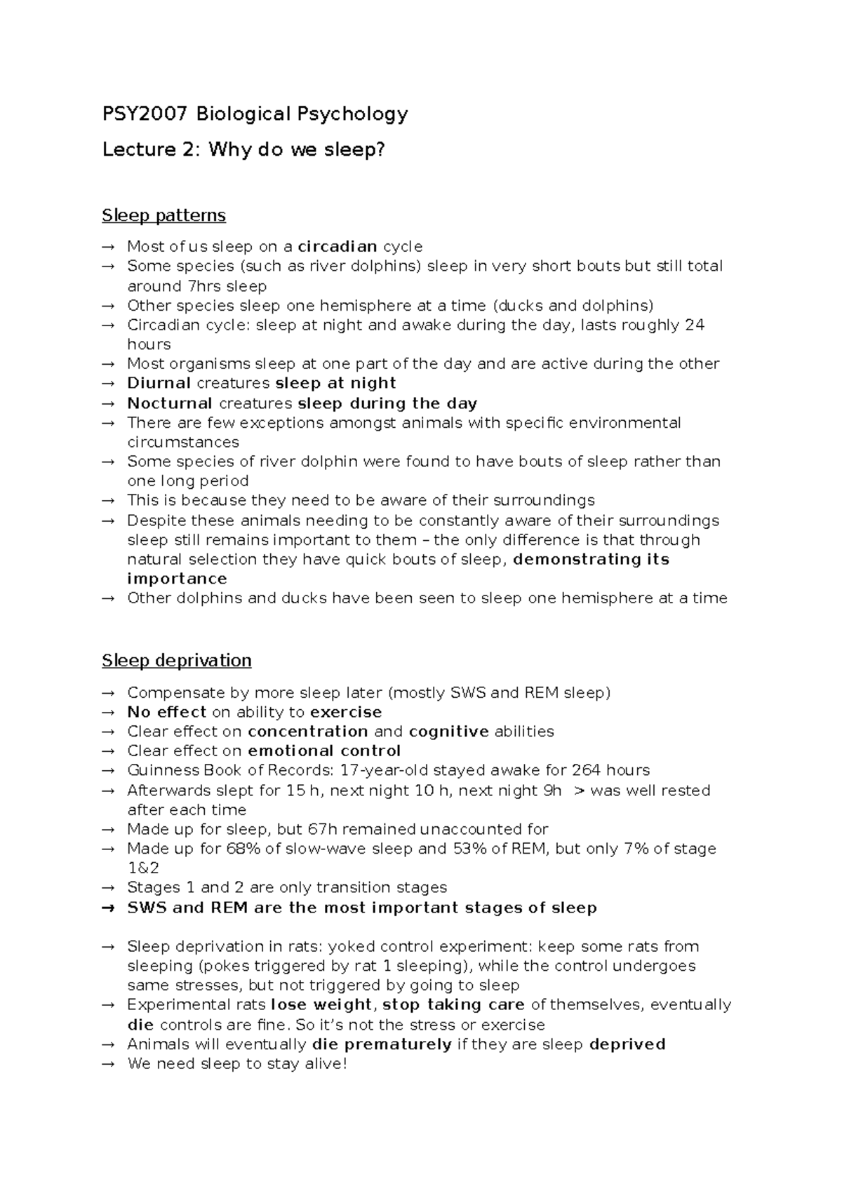 Biological Psychology: Why do we Sleep? - PSY2007 Biological Psychology ...