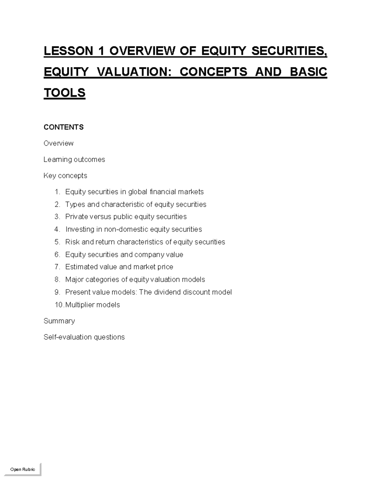Lesson 1 - LESSON 1 OVERVIEW OF EQUITY SECURITIES, EQUITY VALUATION ...
