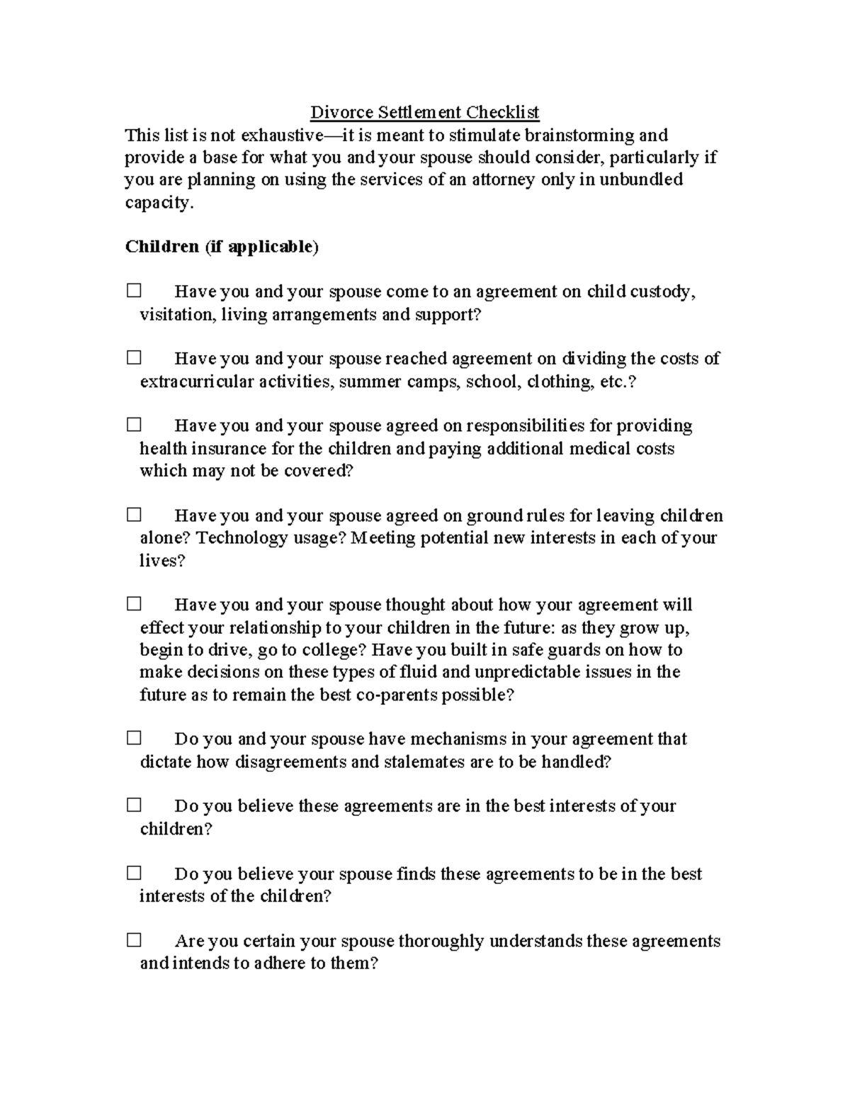 Divorce-Settlement-Checklist - Divorce Settlement Checklist This list ...