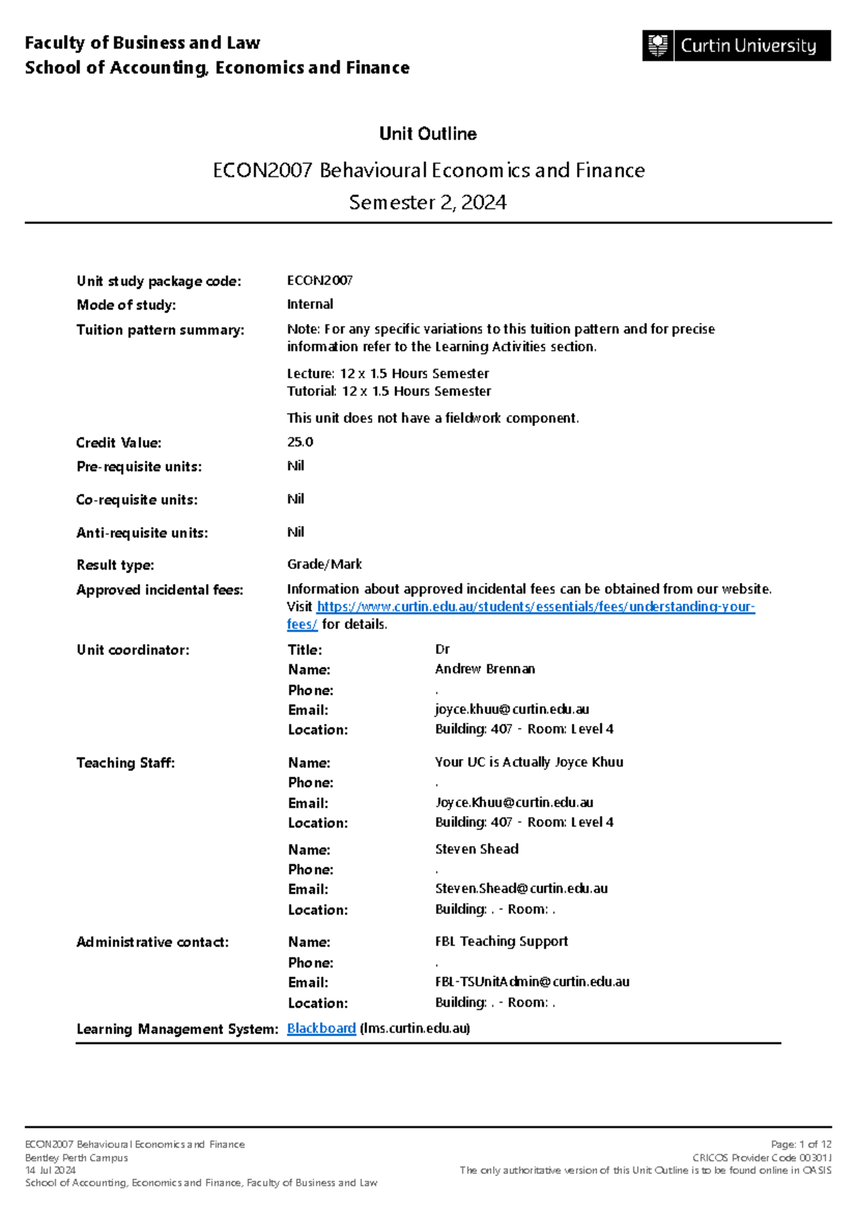 ECON2007 Behavioural Economics and Finance Semester 2 2024 Bentley ...