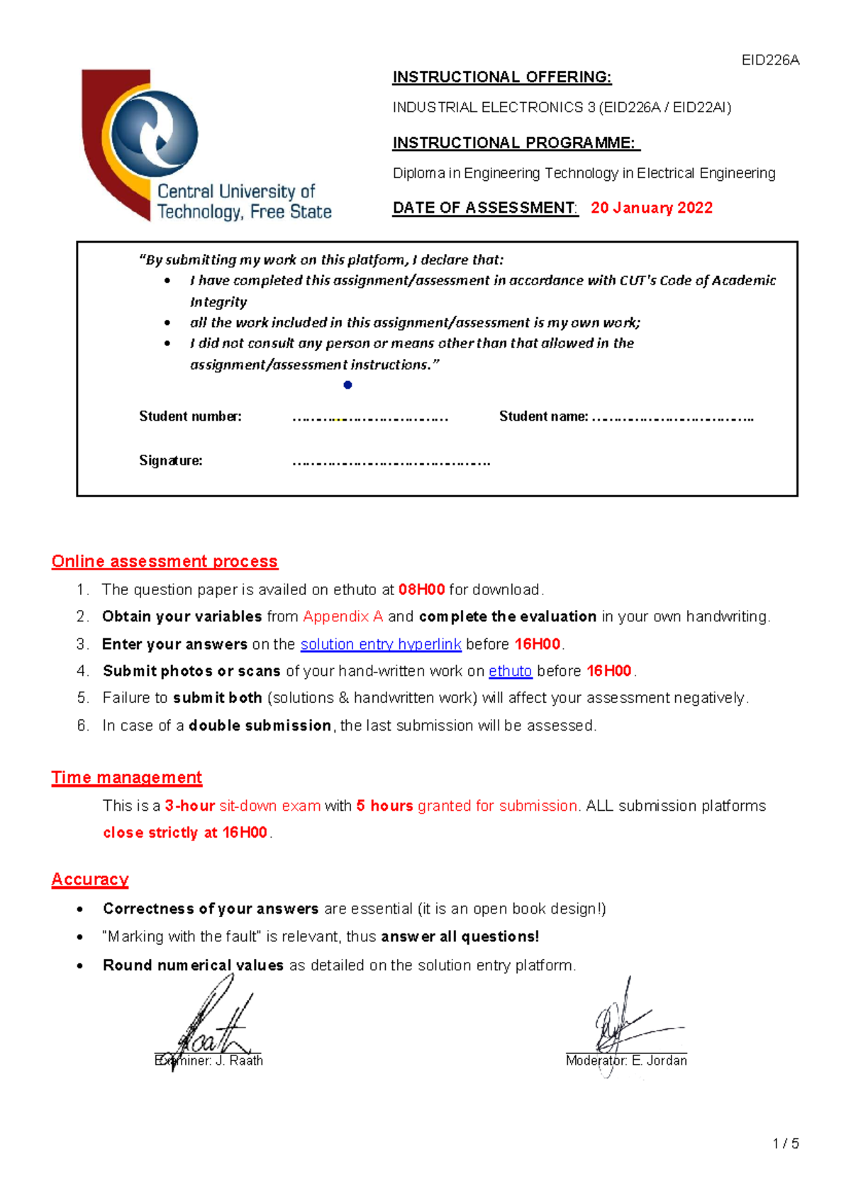 EID226A Re exam 2021 - Memo - INSTRUCTIONAL OFFERING: INDUSTRIAL ...