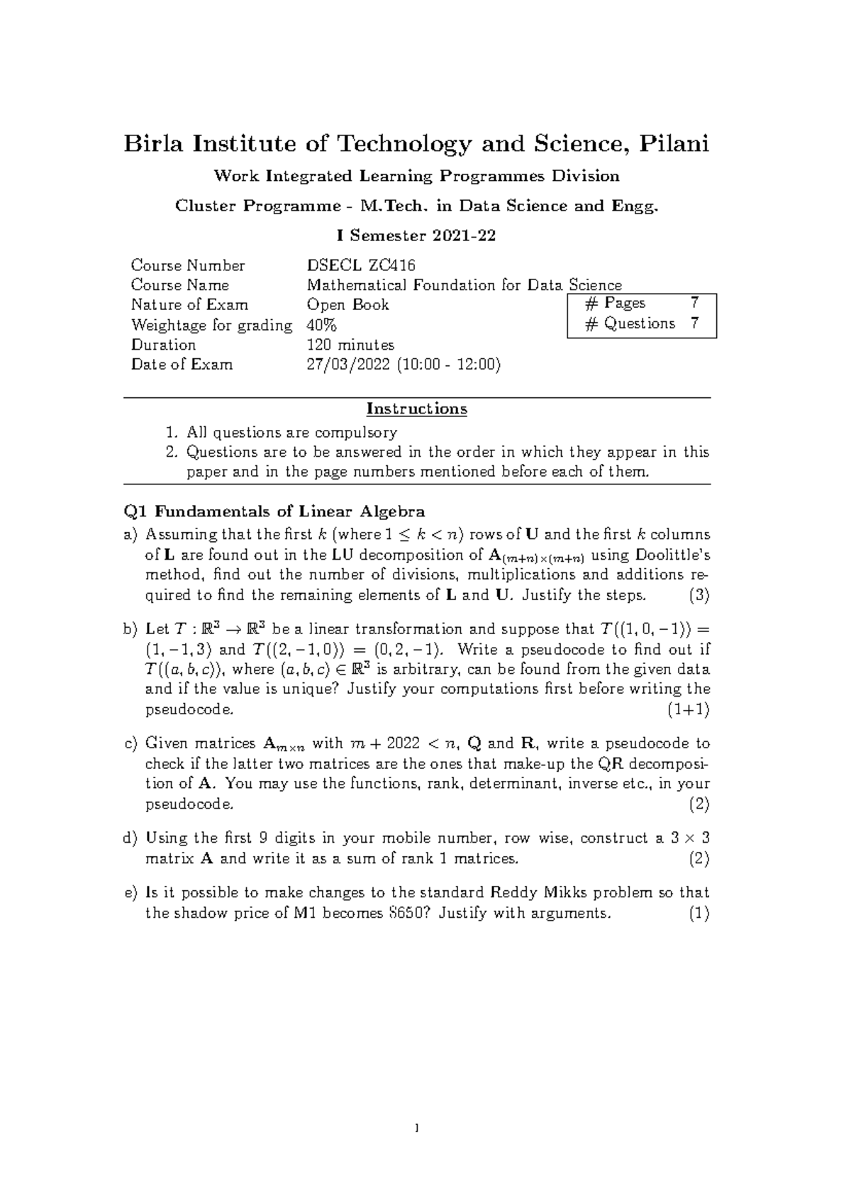 End Sem 27-03-2022 MFDS Reg - Birla Institute of Technology and Science, Pilani Work Integrated ...