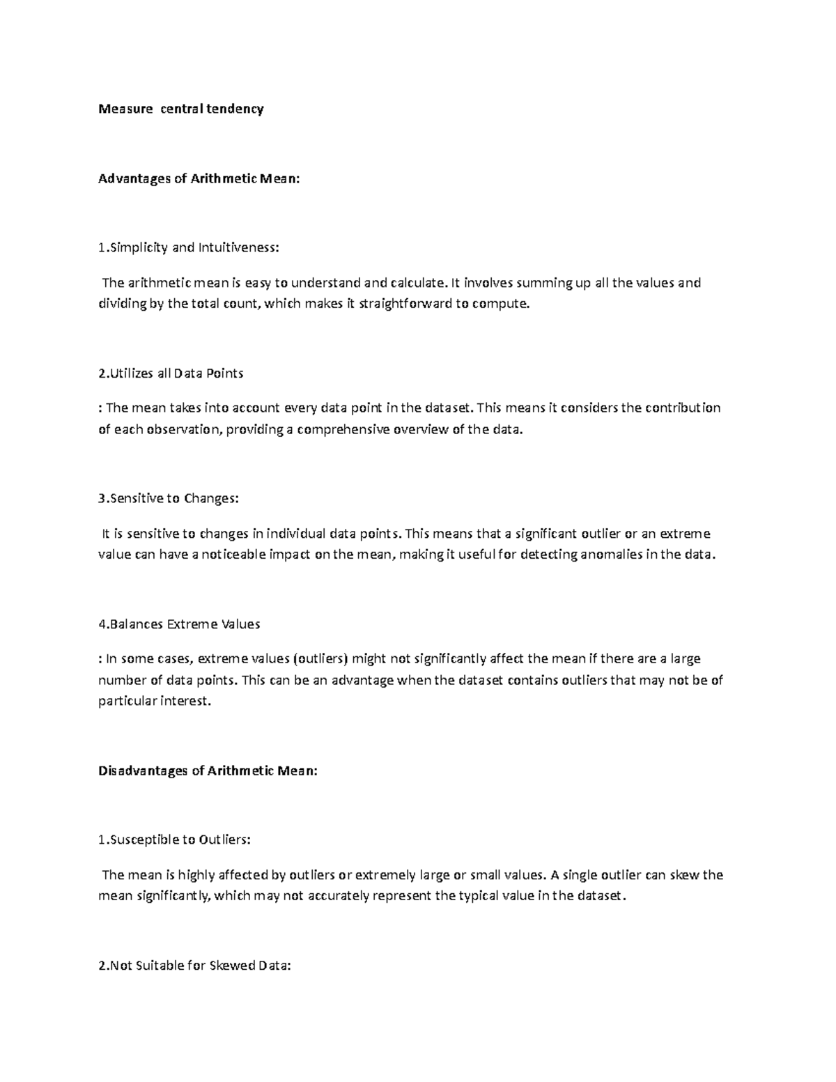 Statistics - Course outline - Measure central tendency Advantages of ...