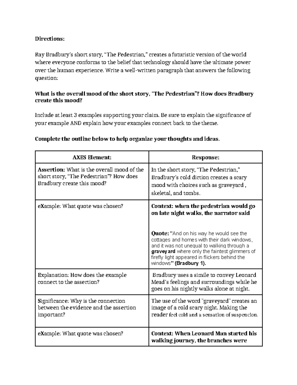 The Pedestrian Outline - Directions: Ray Bradbury’s short story, “The ...