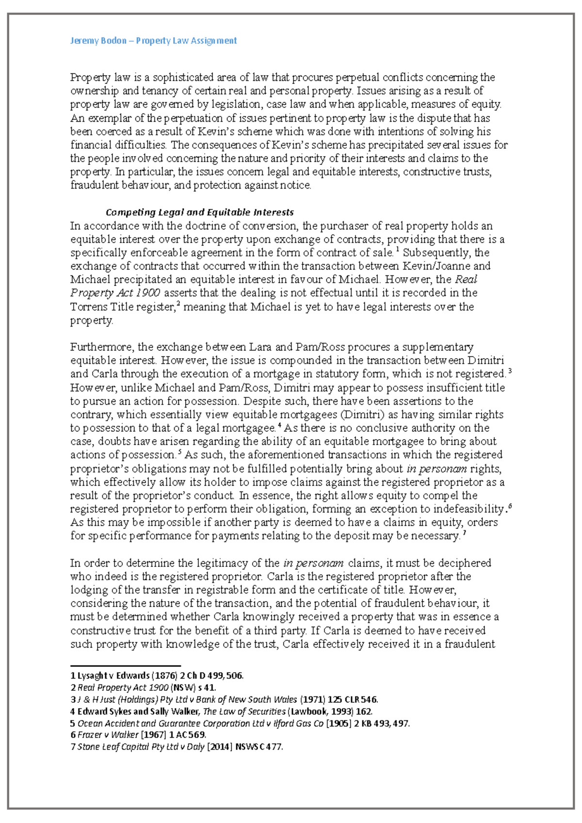 Essay "Hypothetical Problem" - Jeremy Bodon Property Law Assignment ...
