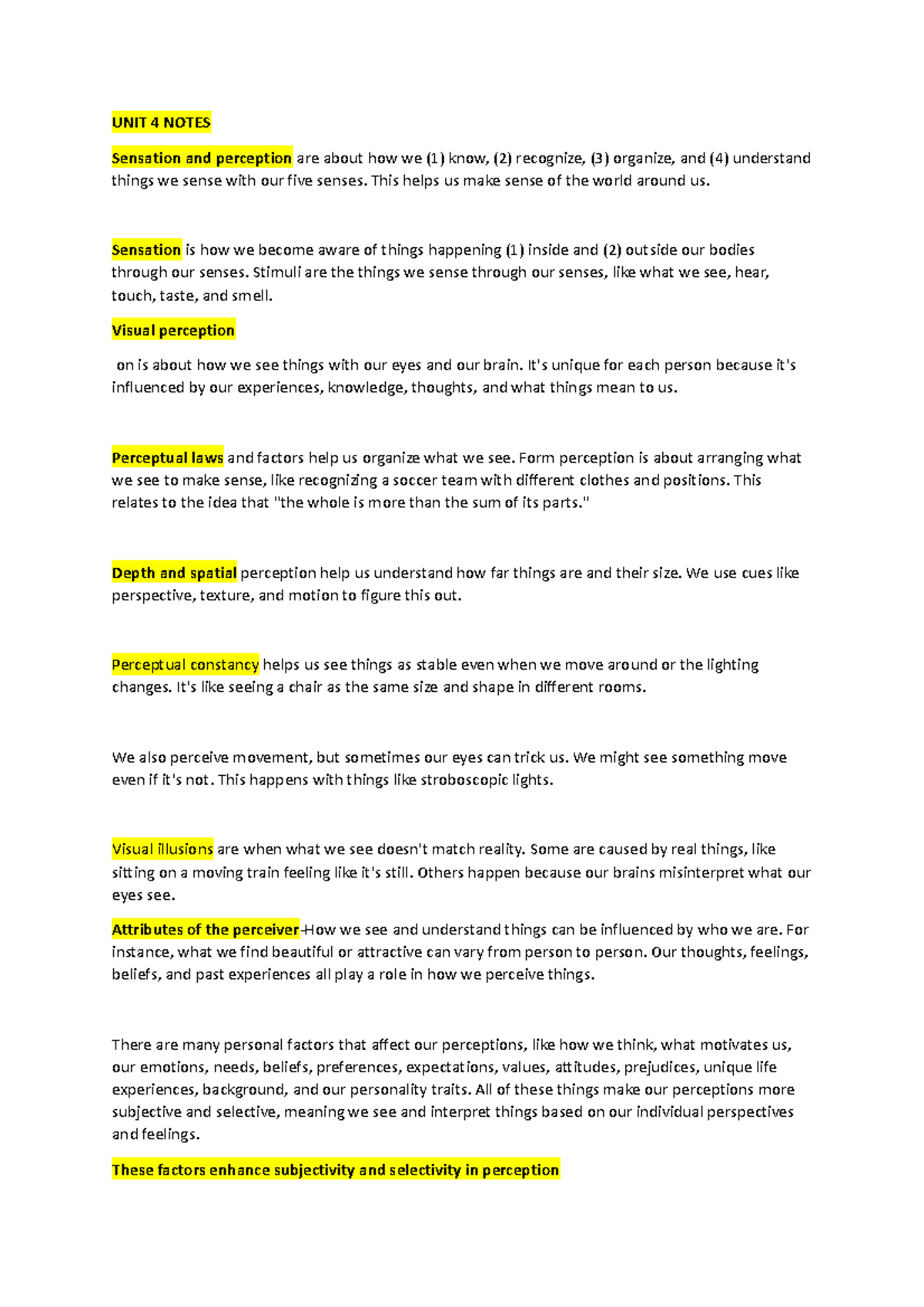 UNIT 4 Notes - SENSATION AND PERCEPTION - UNIT 4 NOTES Sensation and ...