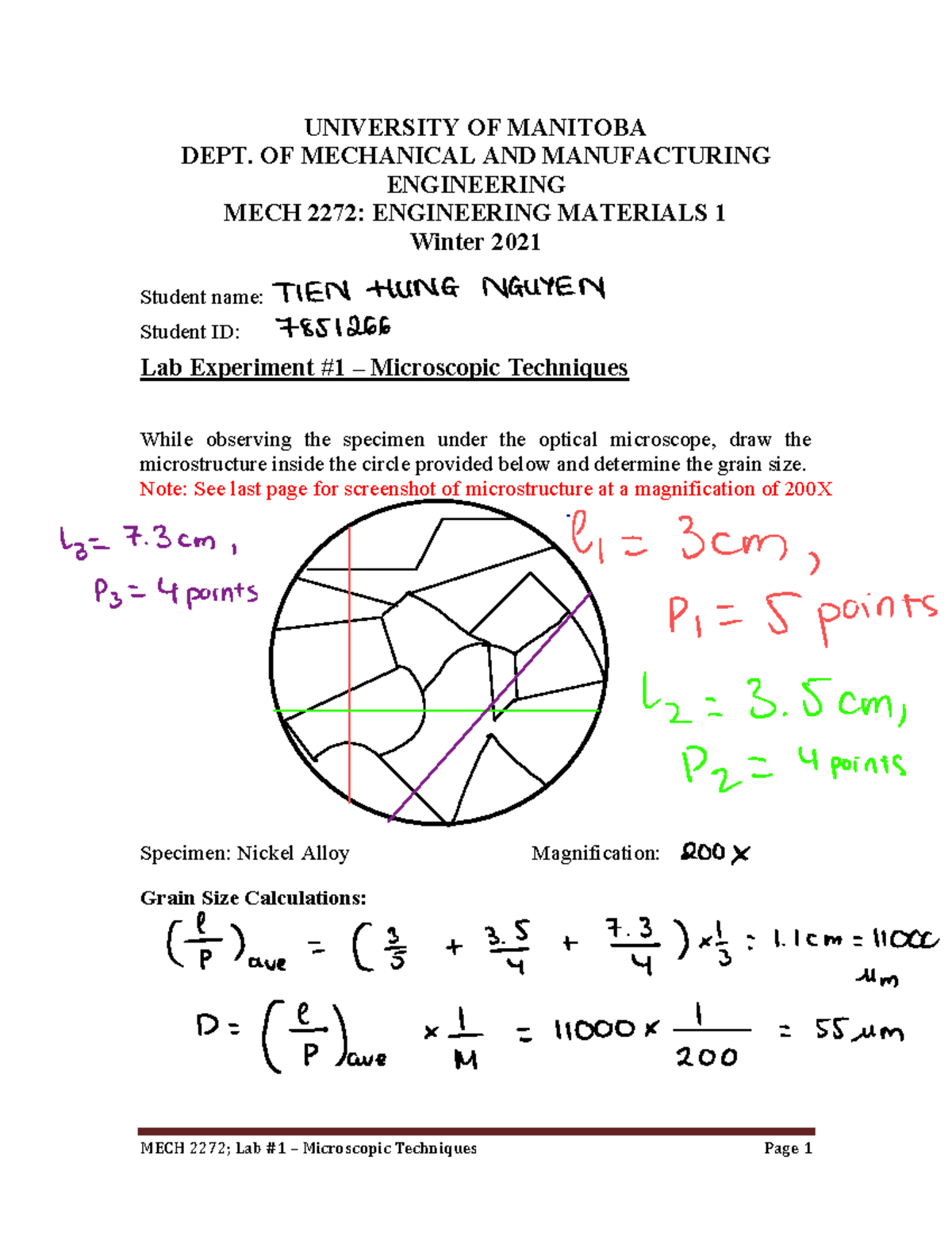 Lab 1 In-class assignment - MECH 2272; Lab #1 – Microscopic Techniques ...