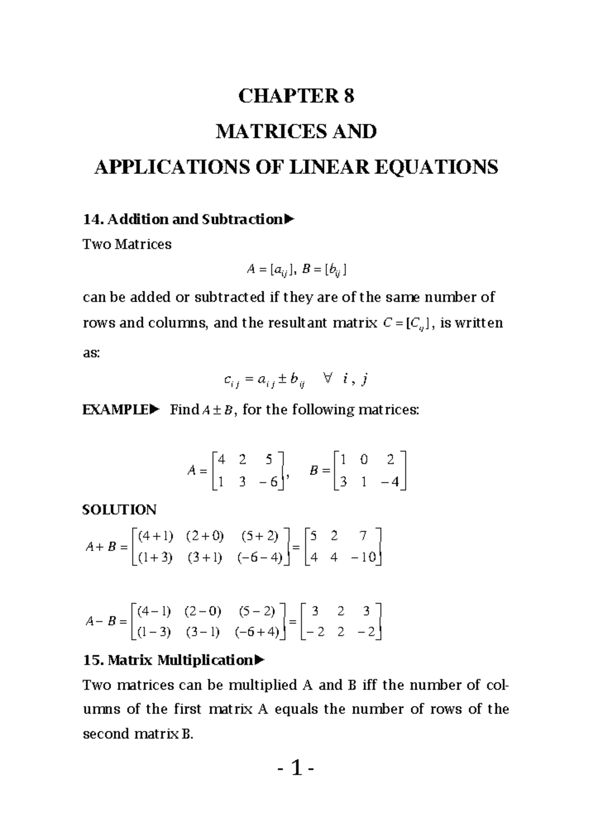 Matrices - CHAPTER 8 MATRICES AND APPLICATIONS OF LINEAR EQUATIONS ...