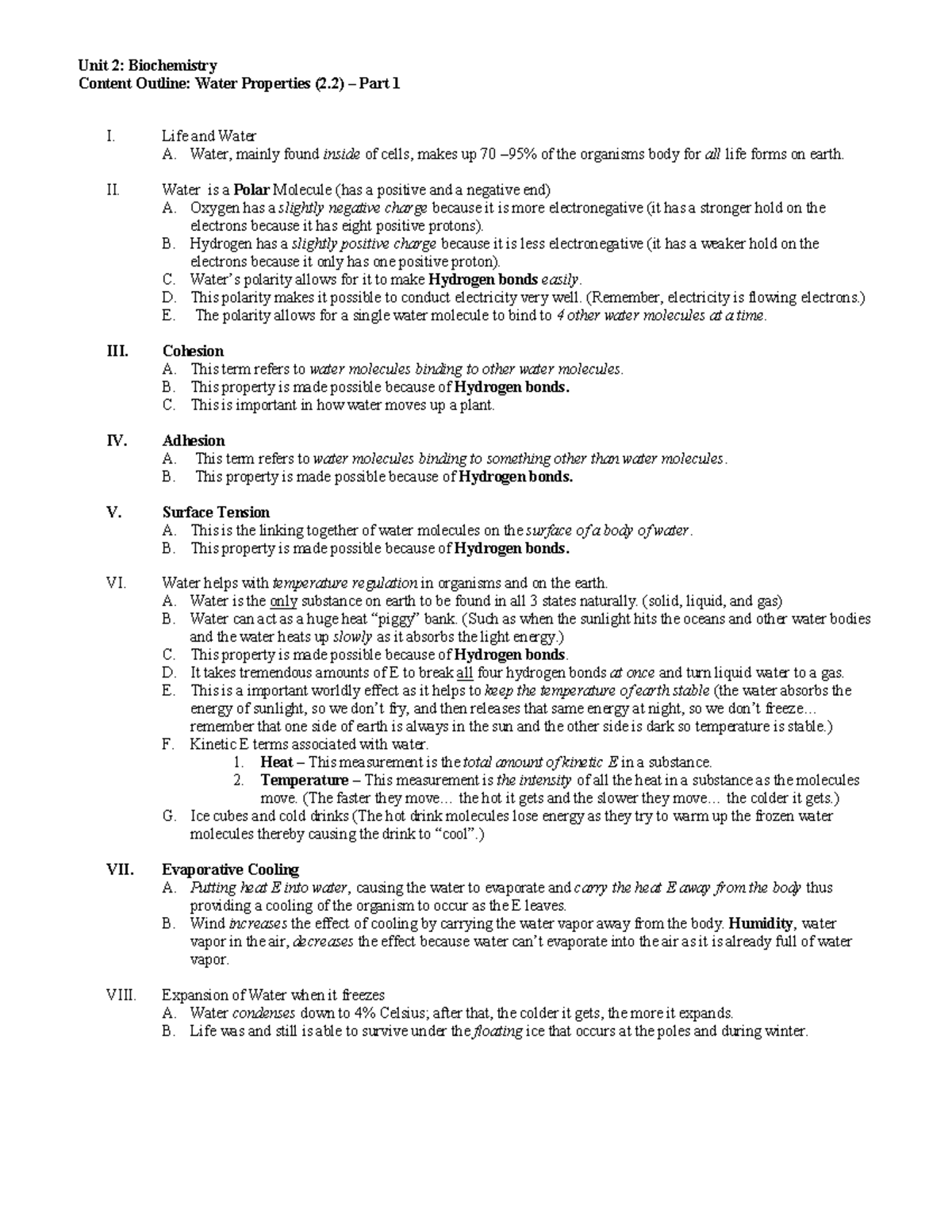22 water properties outline 1 - Unit 2: Biochemistry Content Outline ...