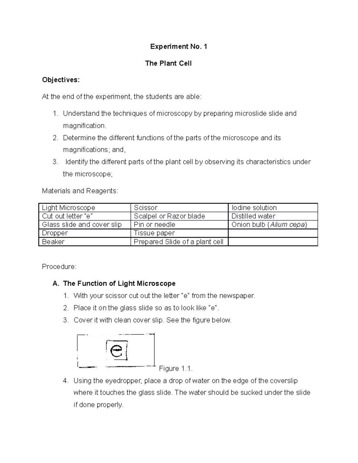 Activity 01- The Plant Cell - Experiment No. 1 The Plant Cell ...